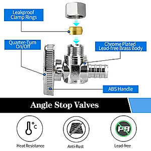 4 Pack Stop Valves, 1/4 Turn Angle Stop Valves, 3/8" OD Compression × 1/2" PEX Chrome Plated Brass for Faucet, Toilet Valves (4×Angle)