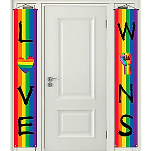 Love Wins Pride Day Porch Banner LGBT Rainbow Stripes Heart Gay Lesbian Front Door Wall Sign Party Decoration