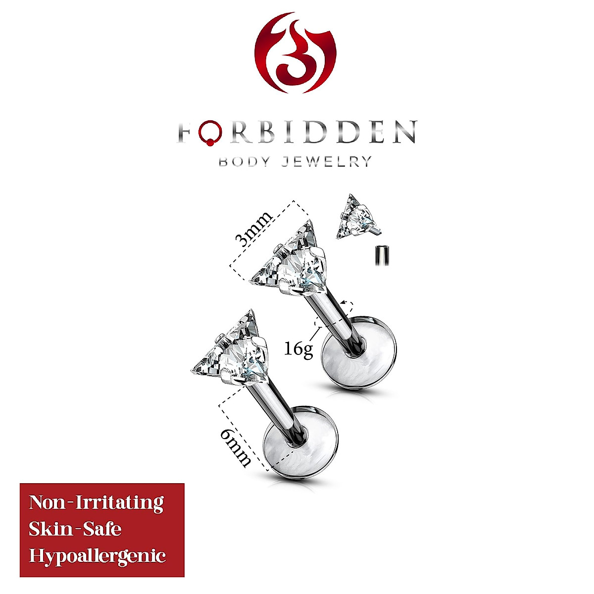 Forbidden Body Jewelry 16 g Titanium Internally Threaded CZ Triangle Flat Back Piercing Stud Earring, Helix, Cartilage, Labret, Monroe for Women or Men-6mm 2pc…