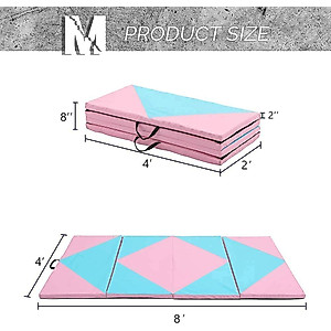 PanAme Folding Gymnastics Exercise Mats, 8’x4’x2” Thick Gymnastics Tumbling Mats, Lightweight Gymnastics Panel Mat with Carrying Handle for MMA, Yoga, Home Gym, Fitness(Pink&Blue)