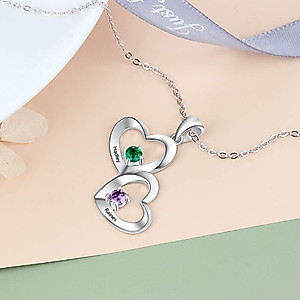 Personalized 2 Names Sterling Silver Necklace with 2 Simulated Birthstones Couple Engraved Love Heart Pendant Promise Necklace for Women