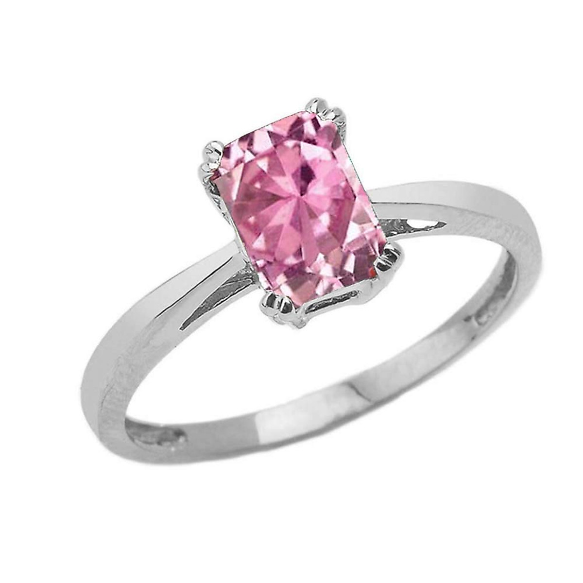 Dainty and Elegant Gold Rings Fine Sterling Silver 1 ct Emerald Cut Pink CZ Statement Ring (Size 7)