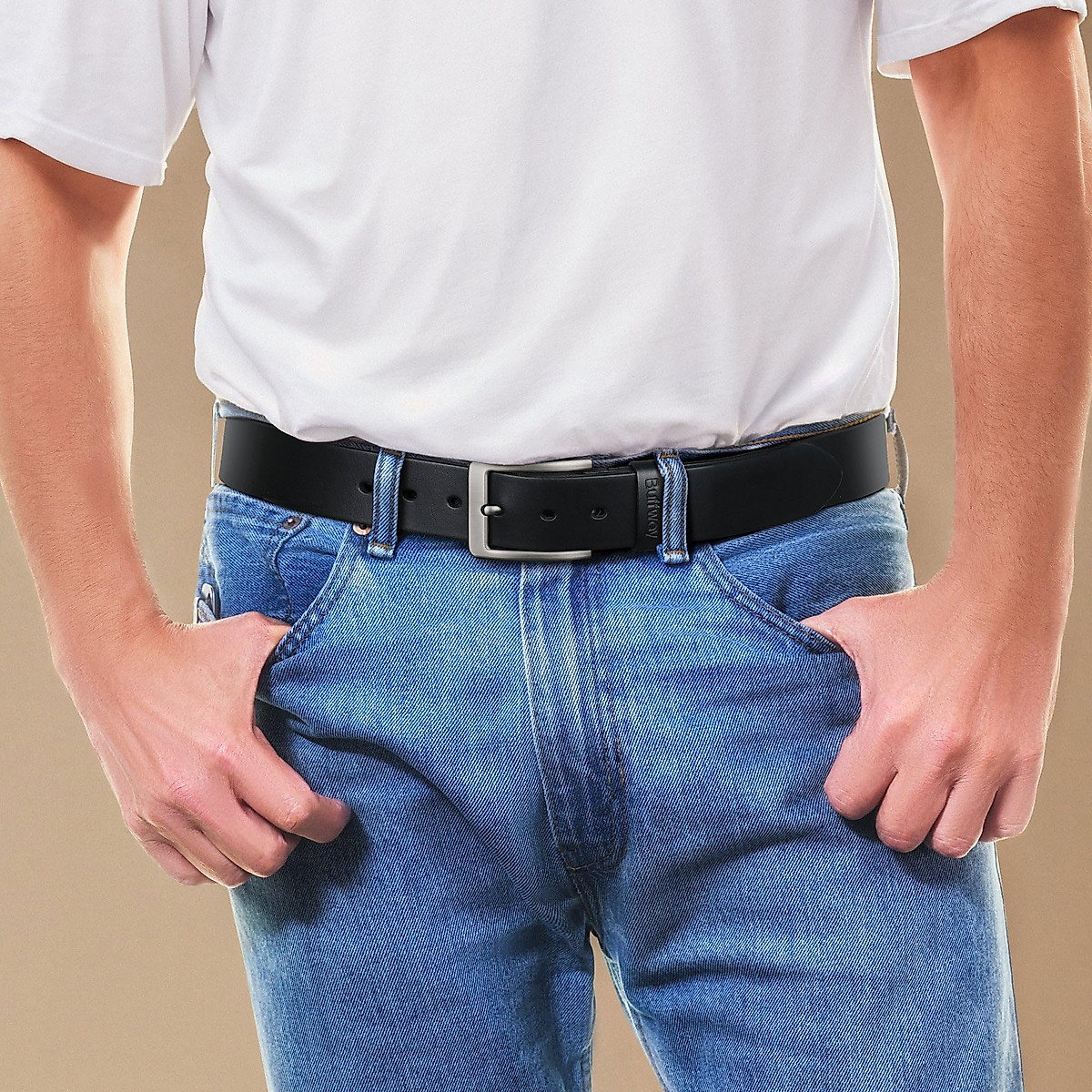 Buffway Leather Belt for Men - Durable Full Grain Men's Belt 1.5", Versatile for Daily Use, with Gift Box- 32” Black