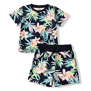 Aalizzwell Toddler Little Boys Girls Summer Outfits Hawaiian Floral T-Shirt Shorts Set Beach Clothes (Black, 3T)