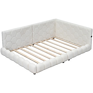 KLMM Stylish Full Size Upholstered Platform Bed Daybed with USB Ports and LED Belt,for Small Spaces Bedroom Living Room Use (White@LED, Full)