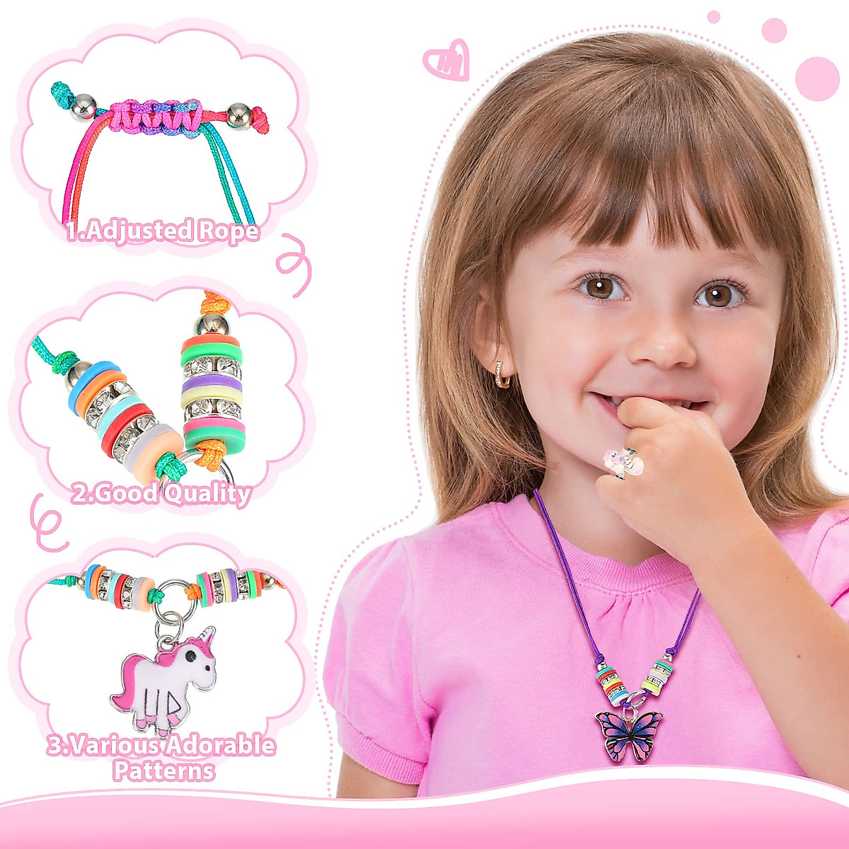 48 Pieces Girls Jewelry Set Adjustable Bracelets Necklaces and Rings Set Pretend Dress up Play Jewelry Party Favors Birthday Gifts for Little Girls Kids Toddler Child Friendship (Cute Style)