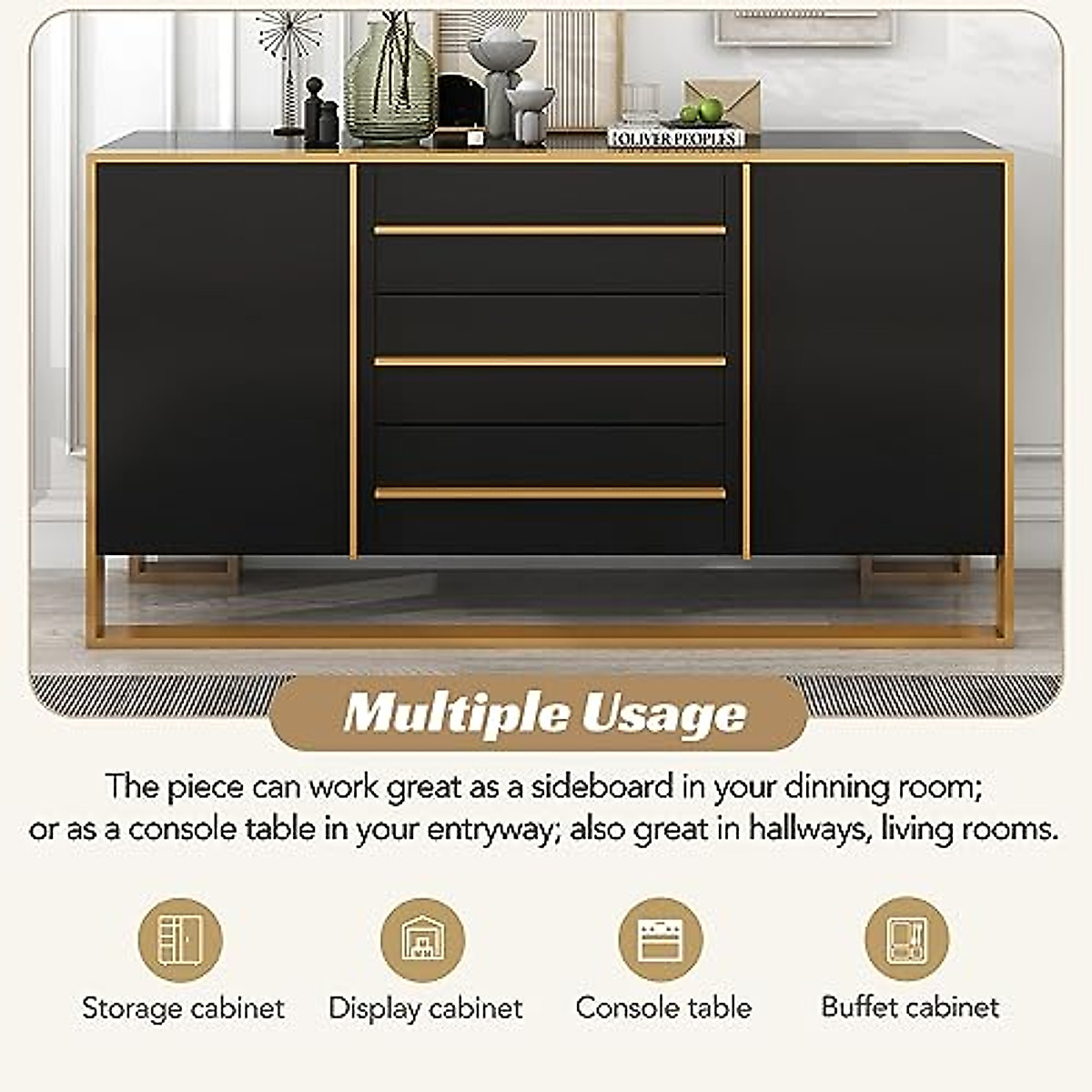 59" L Sideboard Buffet Cabinet, Modern Kitchen Storage Cabinet with 3 Drawer & 2 Doors Wood Cupboard Console Table with Gold Metal Legs Entryway Table Console Cabinet for Dining Living Room, Black
