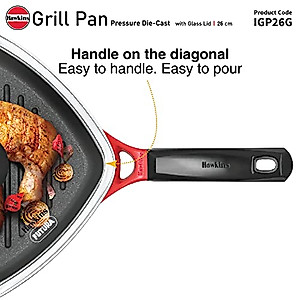 Hawkins 26 cm Grill Pan, Non Stick Die Cast Grilling Pan with Glass Lid, Square Grill Pan for Gas Stove, Ceramic Coated Pan, Roast Pan, Red (IGP26G)