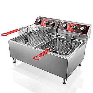 EGGKITPO Deep Fryers Stainless Steel Commercial Deep fryer with Timer Dual Tank Electric Deep Fryer with 2 Baskets Large Capacity 10L X 2 Electric Countertop Fryer for Restaurant and Home, 120V 3600W