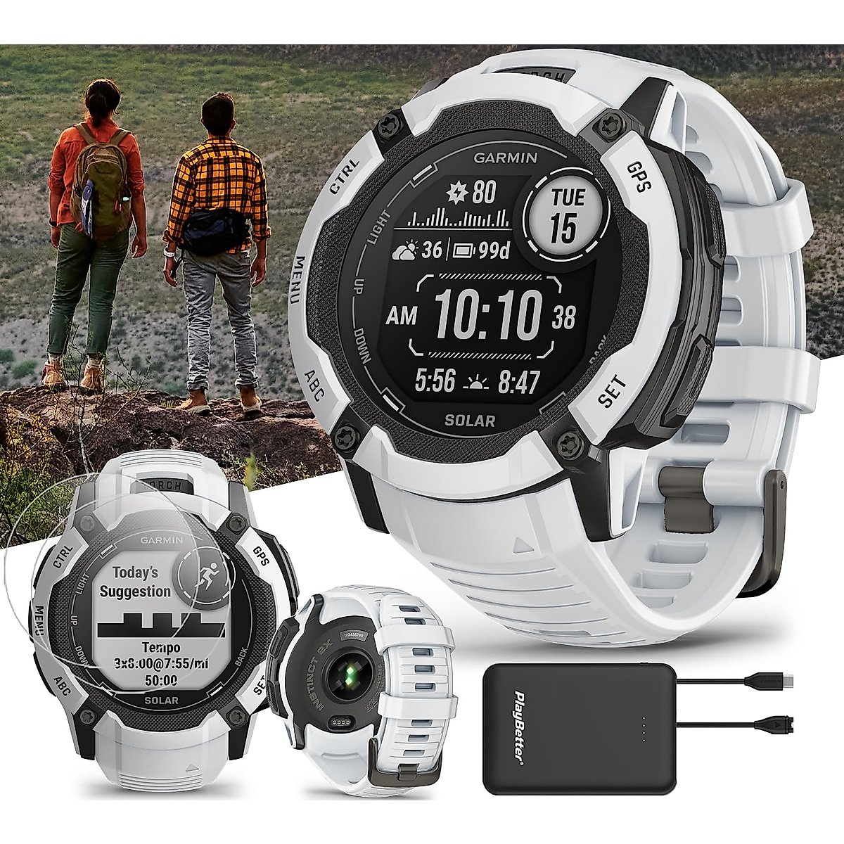 Garmin Instinct 2S Solar Surf (Ericeira) Rugged GPS Smartwatch Bundle - Multi-Band GNSS, 24/7 Health Monitoring, Smart Notifications with PlayBetter Portable Charger & Screen Protectors