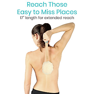 Vive 17” Shower Loofah with Long Handle - Exfoliating Back & Body Scrubber for Men & Women - Luffa Sponge on a Stick for Bathing, Cleaning - Includes Extra Handheld Lufa, Hook & String to Hang on Wall