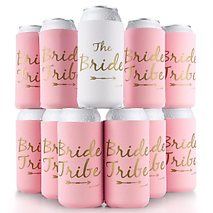 Bride Tribe Bachelorette Party Premium Skinny Can Sleeves - Insulated Neoprene Drink Holders, Fit Slim Spiked Hard Seltzer Beer Cans for Decorations, Supplies, Favors (Pink)
