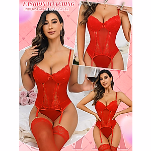 ssyyx Women's Sexy Lingerie Set with Garter Belt Lace Bodysuit Teddy Baby Dolls Panty with Stockings