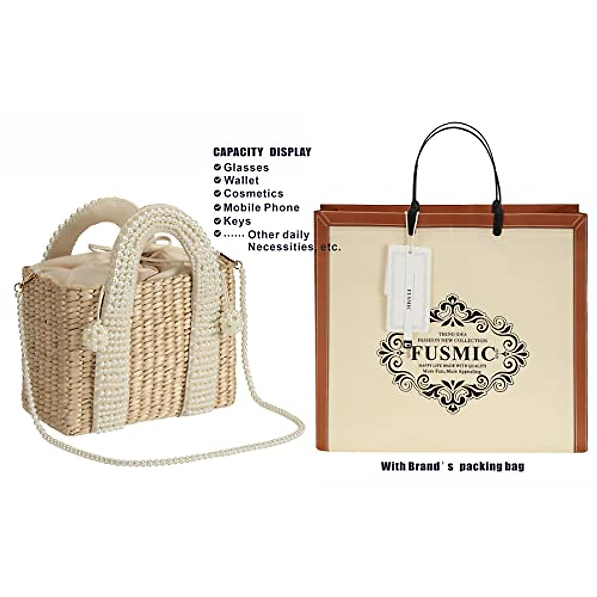 FUSMIC Women's Handbag Straw Handmade Artificial Pearl Rattan Weave Tote Shoulder Bag Beige