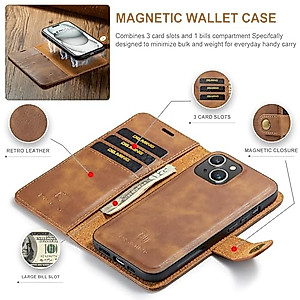 Smartphone Flip Cases Compatible with iPhone 15 Plus Case, DG.MING 2 in 1 Clucth Retro Real Cowhide Leather Folio Flip Wallet Magnetic Detachable Slim Phone Cover Case Compatible with iPhone 15 Plus,W