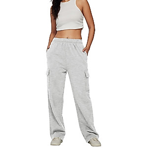 AUTOMET Womens Cargo Sweatpants Baggy Fleece High Waisted Joggers Sweat Pants Athletic Drawstring Casual Wide Leg Loose Fit Fall Pants with Pockets 2024 Grey L