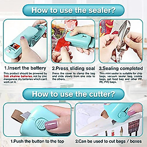 TYHJOY Mini Chip Bag Sealer, Handheld Heat Vacuum Sealer and Cutter, Portable Chip Bag Resealer Machine for Snack Plastic Fresh Bags Cookies - Green - 2xAA Batteries Included