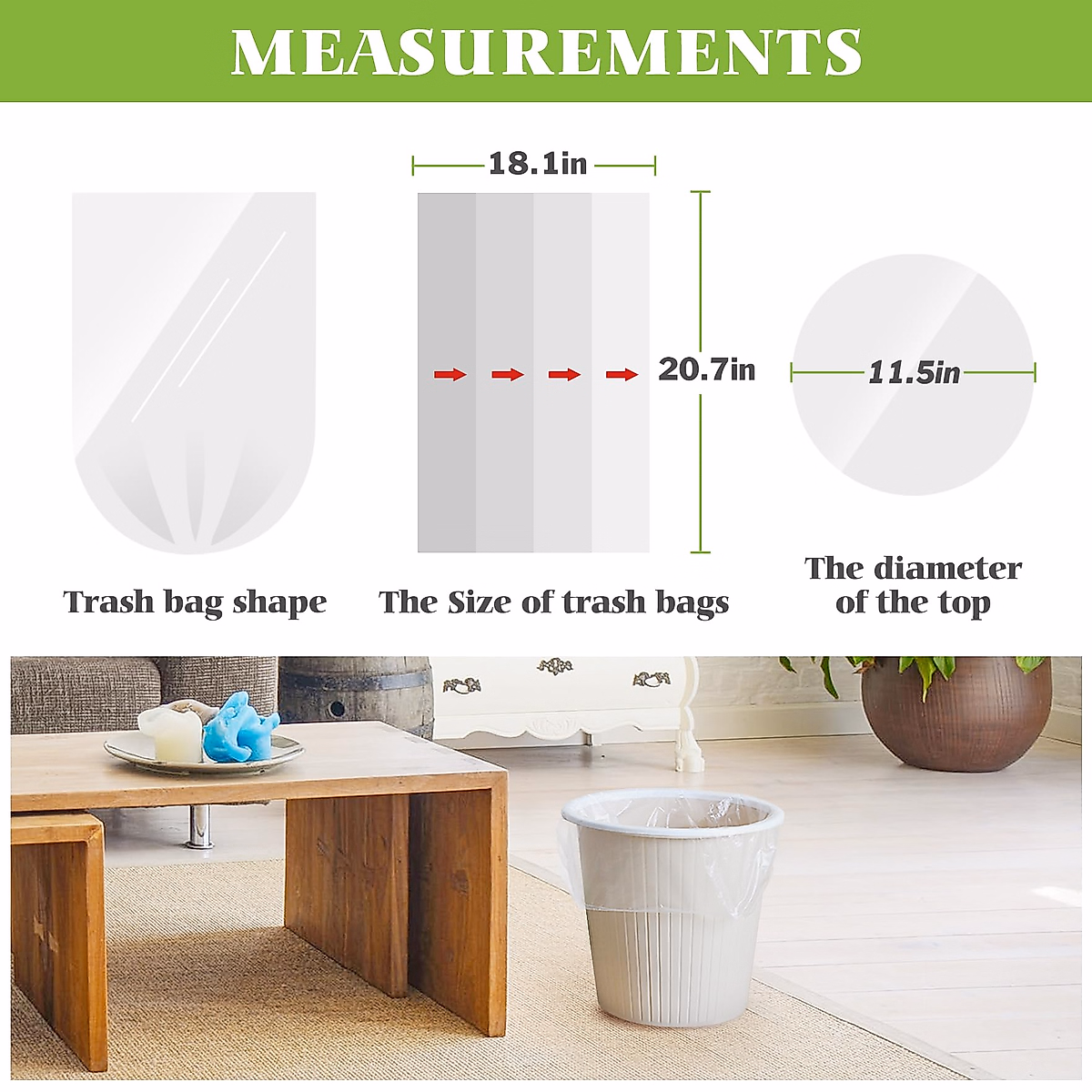 3 Gallon 80 Counts Strong Trash Bags Garbage Bags by Teivio, Bathroom Trash Can Bin Liners, Plastic Bags for home office kitchen, Clear