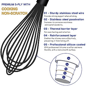 OYV Dishwasher Safe Silicone Whisk, Sealed Waterproof Design Set of 3, Professional Kitchen Whisks for Cooking Non-Scratch, Silicone & Stainless Steel Whisk, Heat Resistant Balloon Egg Beater, Black
