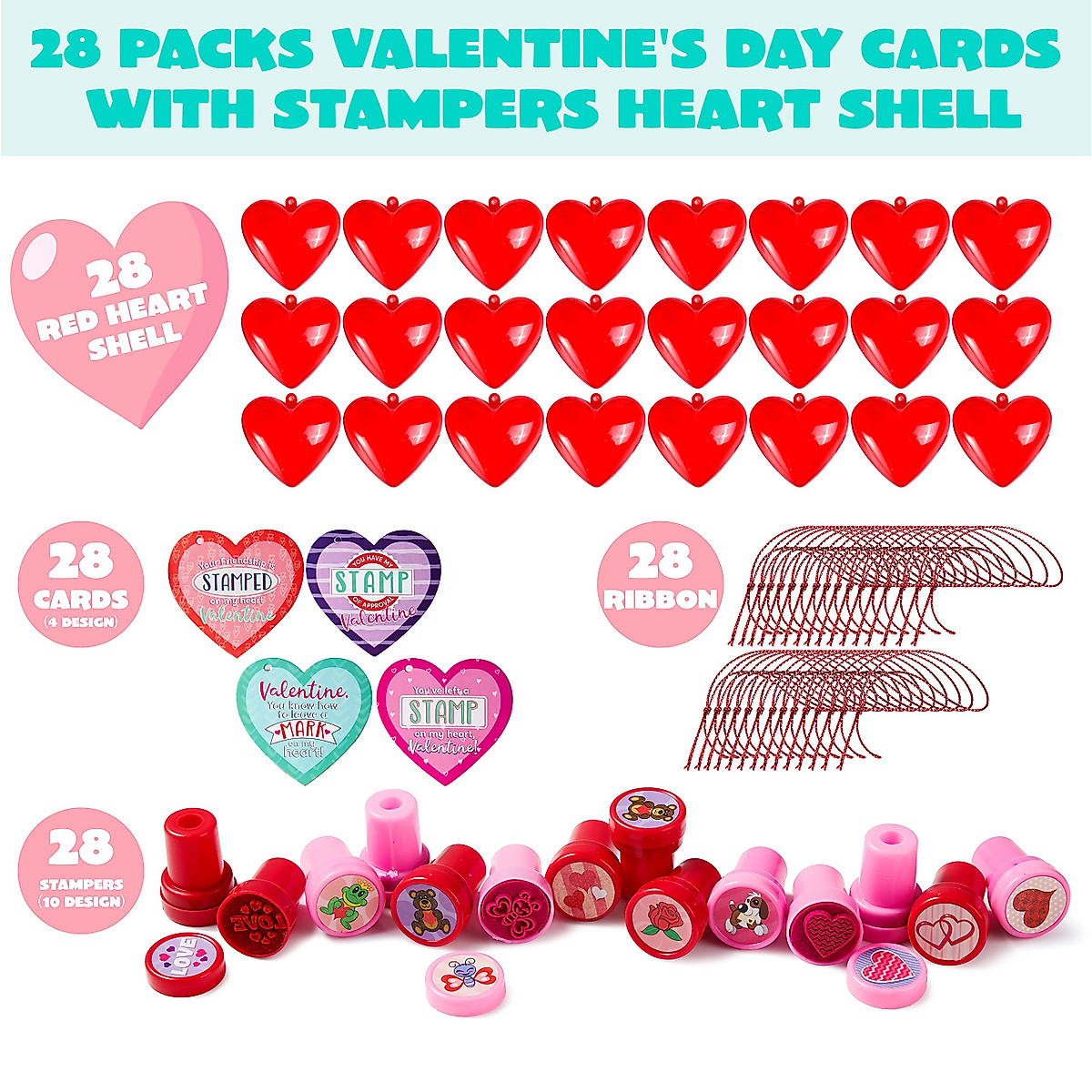 28 Pcs Kids Valentines Day Stampers Set Filled Hearts and Valentine’s Day Cards for Classroom Exchange, Kids Stampers Party Favors for Gift Exchange, Game Prizes and Carnivals Gift
