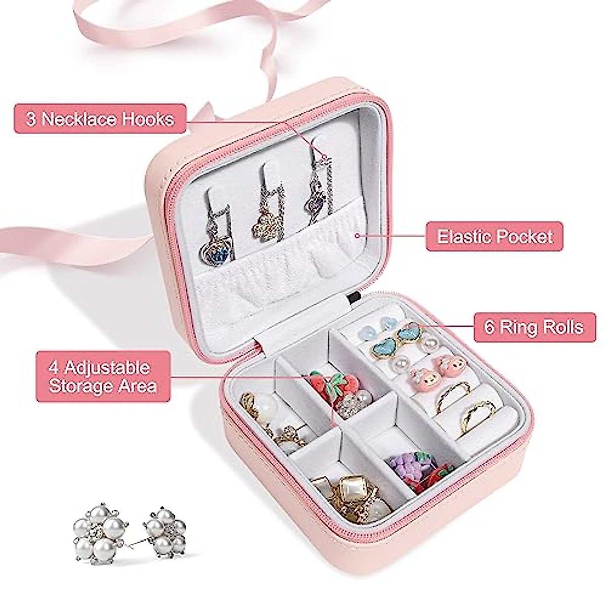batifine Travel Jewelry Box, Small Travel Jewelry Organizer, Portable Jewelry Box Travel Mini Storage Organizer Portable Display Storage Box For Rings Earrings Necklaces Gifts (Pink)
