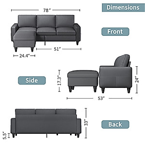 Lonkwa L-Shaped Couch Couches for Living Room, Convertible Sectional Sofa with Storage Ottoman, 3-Seat Grey Sectional Sofas for Living Room/Bedroom/Office/Small Space