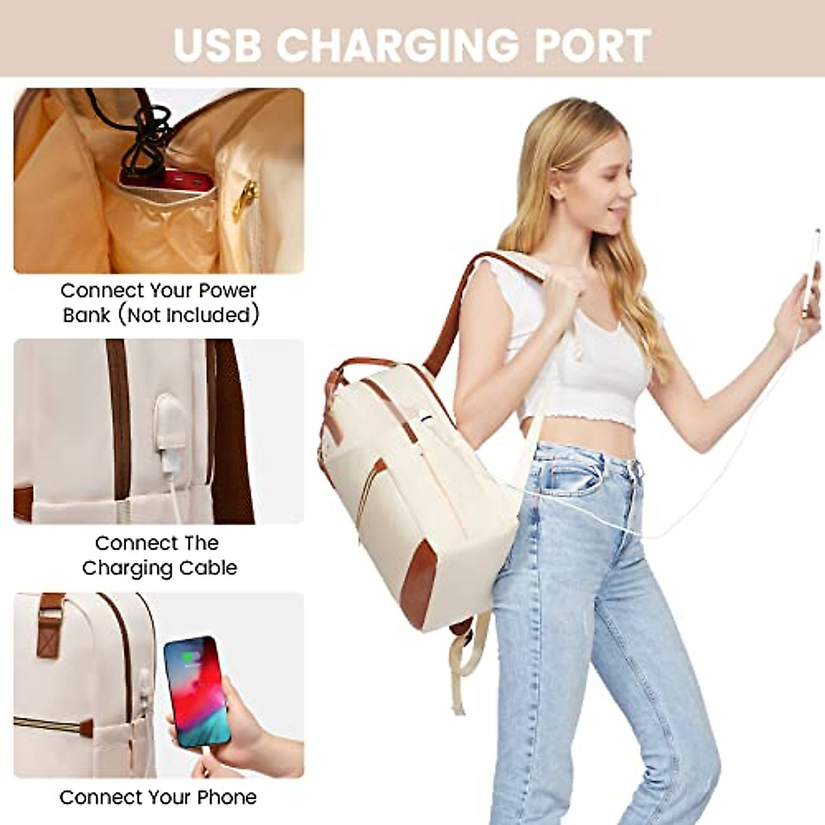 LOVEVOOK Laptop Backpack for Women, 15.6 inch Laptop Bag with USB Port, Fashion Work Business backpack purse, Travel Professor Nurse Computer Bagpack, Waterproof Hiking Daypack, Beige-Brown