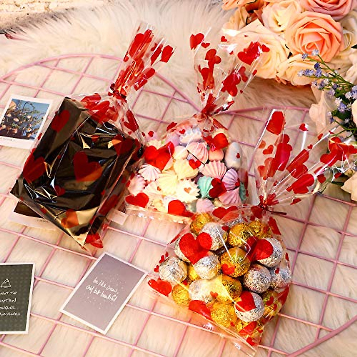 120 Pieces Valentine Cello Bags Heart Printed Cellophane Wraps with 200 Pieces Twist Ties for Valentine's Day Party Supplies, Weddings, Bridal or Baby Shower