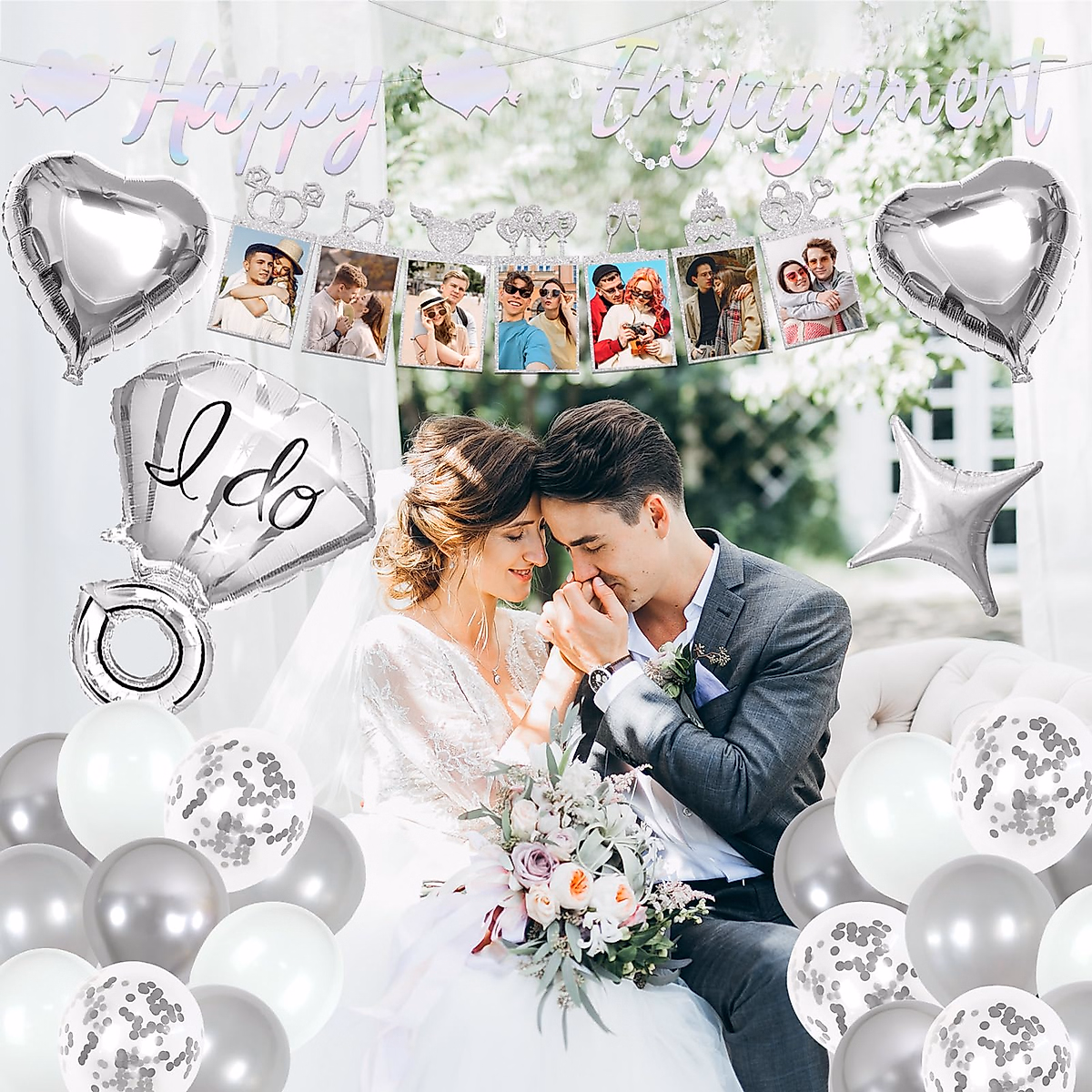 Trgowaul Engagement Wedding Decorations, Silver Happy Engagement Banner with 7PCS Photo Banner for Bridal Shower, Ring Foil Balloon, Just Engaged Cake Topper Bridal Shower Supplies