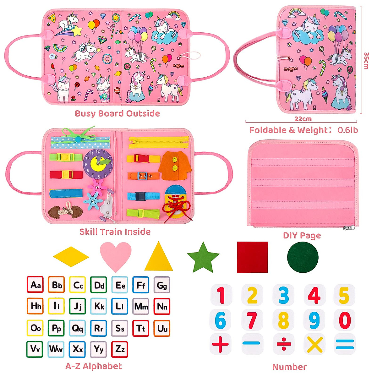 SPLAKS Toddler Busy Board with DIY Page, 20 in 1 Montessori Toys Sensory Activity Toys Preschool Educational Toys to Learn Basic Skills, for Airplane Car Travel (Pink)