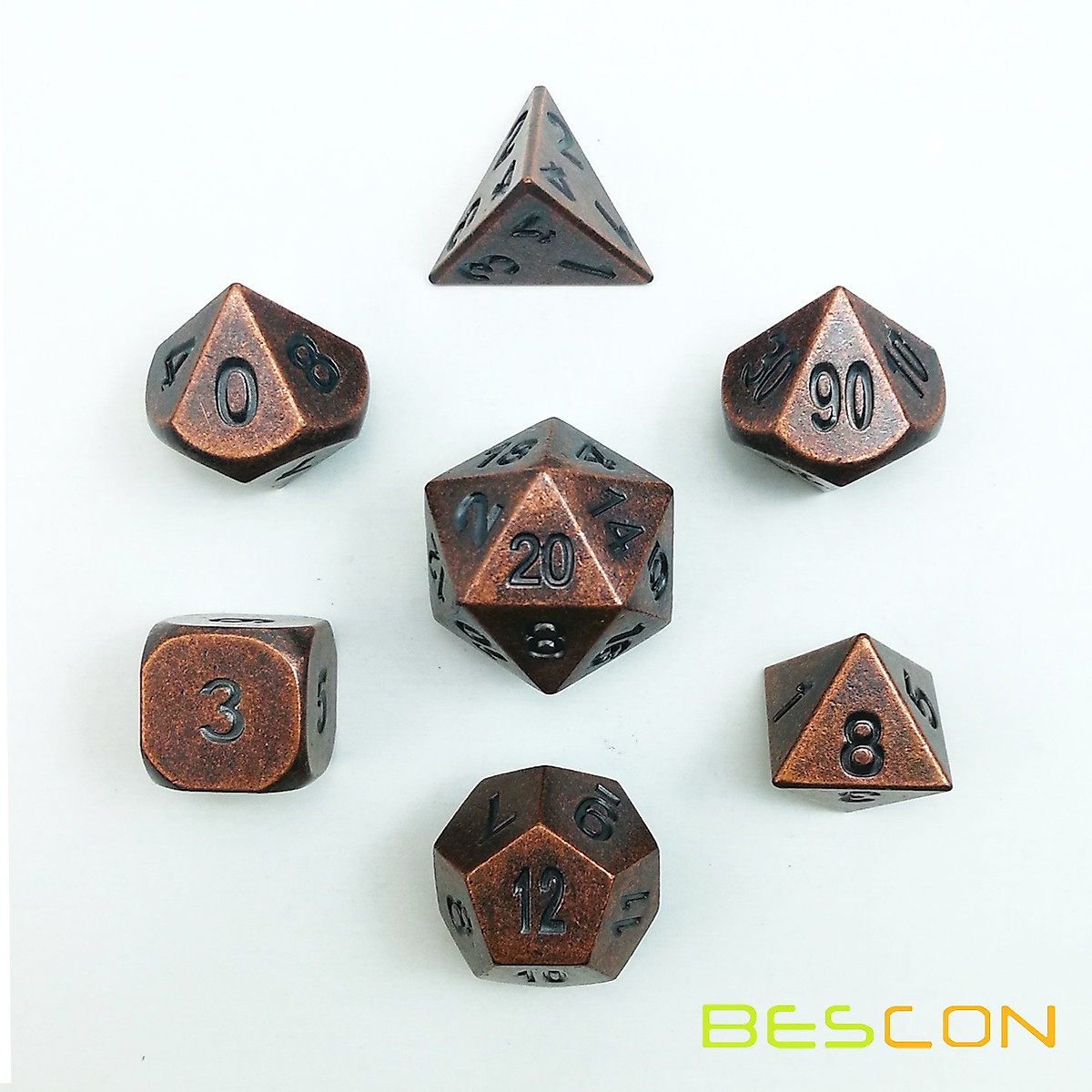 Bescon Antique Copper Solid Metal Polyhedral D&D Dice Set of 7 Old Copper Metal RPG Role Playing Game Dice 7pcs Set