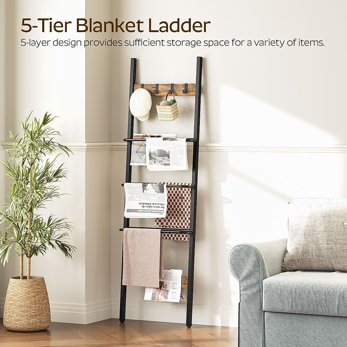 YATINEY Blanket Ladder, 5-Tier Towel Rack with 4 Removable Hooks, Wall-Leaning Blanket Holder, Decorative Display Ladder Shelf, Industrial, for Living Room, Rustic Brown and Black CJ01BR