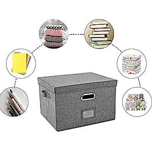 JSungo File Box with 5 Hanging Filing Folders, Document Organizer Storage for Office, Collapsible Linen Storage Box with Lids, Home Portable Storage with Handle, Letter Size Legal Folder, Grey