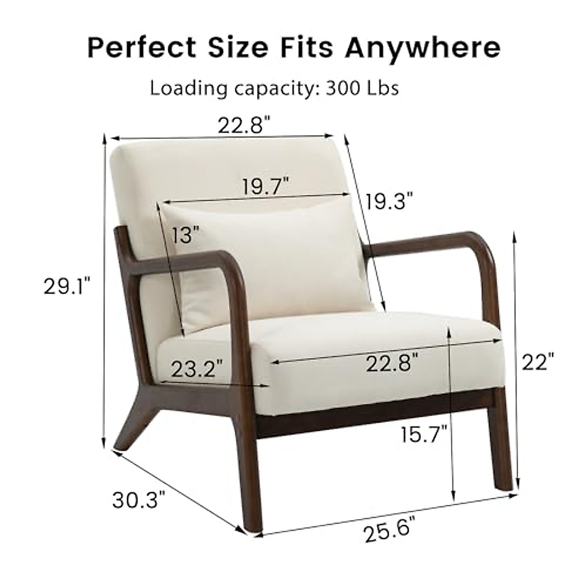 Unovivy Mid-Century Modern Accent, Upholstered Lounge Armchair with Wood Frame Thick Padded Backrest & Seat Cushion, Single Sofa Chair for Living, Bedroom, Reading Room, ‎30" Depth, White