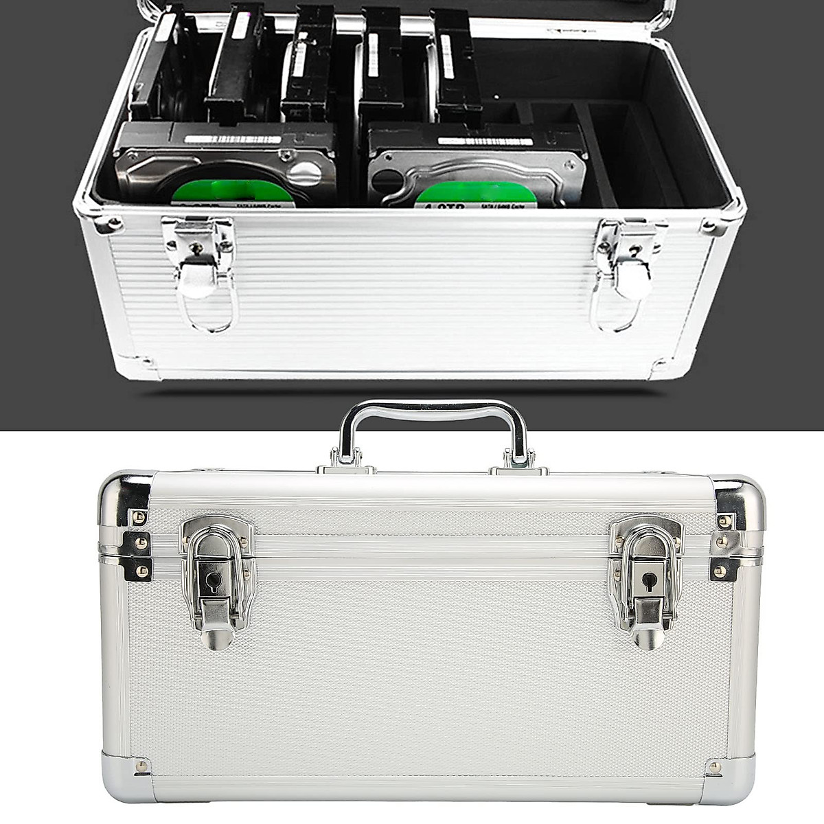 3.5in Hard Drive Box, Hard Drive Storage Box with 10 Bays, HDD Storage Box Suitcase for 3.5inch Hard Drives, Double (Silver)