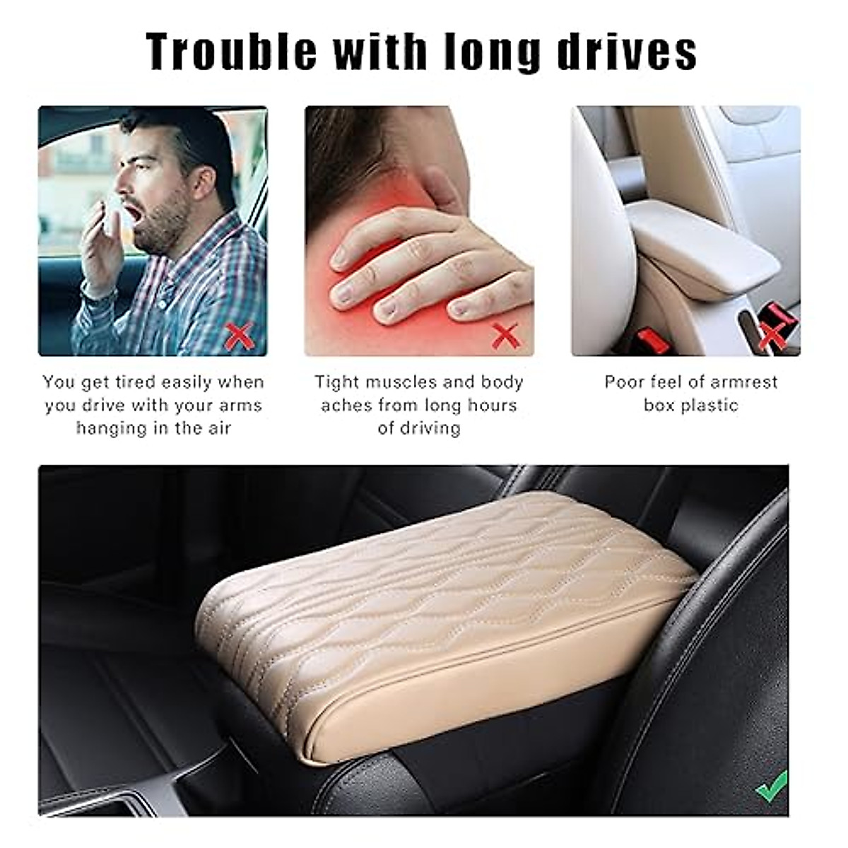 Augeny Car Center Console Cushion Pad, Memory Foam Leather Auto Armrest Box Mat, Four Seasons Universal Waterproof Armrest Cover, Car Interior Decor Accessories for Most Vehicles (Wave, Beige)