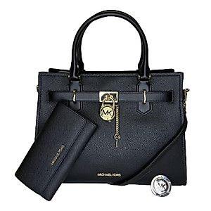 MICHAEL Michael Kors Hamilton MD Satchel bundled with Trifold Wallet and Purse Hook (Black)