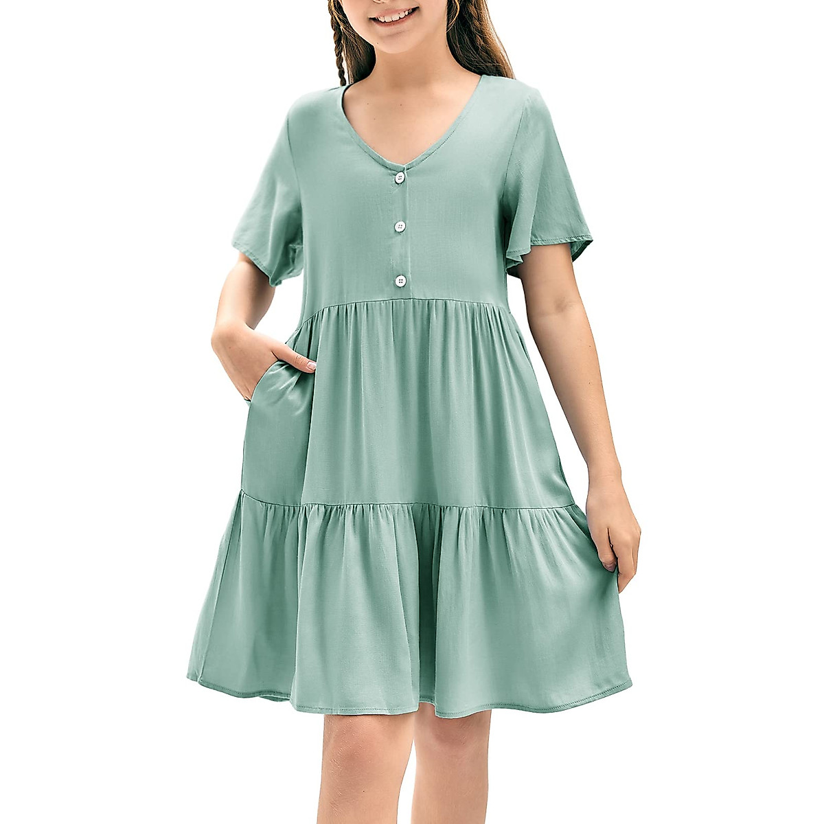 Tymidy Girls Casual Dress A-Line Midi Dress Button Down V Neck Short Sleeve Ruffle Flowy Swing Mixi Dresses for 4-15 Years Lake Green…