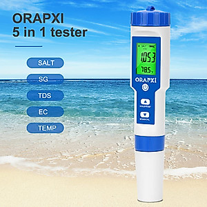ORAPXI Salt Water Pool Tester 5 in 1 Salt SG TDS EC Temp Digital Pool Salt Meter 0-100 PPT & 1.000-1.070 Specific Gravity for Aquarium, Seawater, Salt Fish Tank, Marine Monitoring
