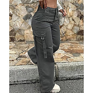 Djeanxa Cargo Pants for Women Straight Wide Leg Y2K Pants Baggy High Waisted Combat Military Hiking Pants with Pockets Dark Gray