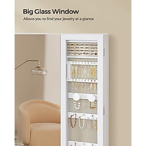 SONGMICS LED Jewelry Cabinet, Mirror with Jewelry Storage, Glass Window, Wall Door-Mounted, 3.9 x 23.6 x 31.5 Inches, Interior Mirror, 3-in-1, Bedroom, Dressing Room, Gift, White and Greige UJJC028W01
