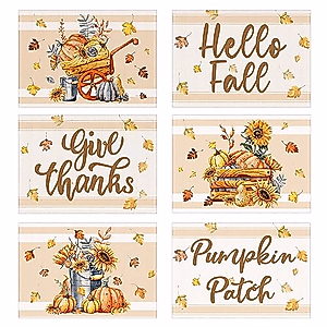 Fall Placemats Set of 6, Autumn Thanksgiving Fall Pumpkin Leaves Plaid Burlap Placemats 12 X 18 Inch Kitchen Dining Table Decor, Rustic Sunflower Fall Decorations for Home Rectangle Placemats
