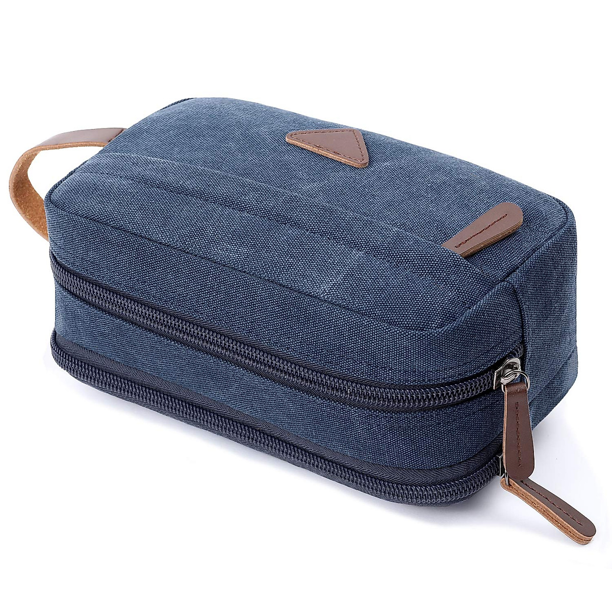 Mactso Mens Travel Toiletry Bag Canvas Leather Cosmetic Makeup Organizer Shaving Dopp Kits with Double Compartments (Blue 1)