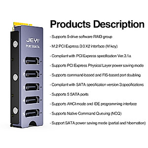 JEYI NVMe M.2 to 5 Sata Adapter, Internal 5 Port Non-RAID SATA III 6GB/s M.2 NVMe Adapter Card for Desktop PC Support SSD and HDD