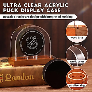 JupDec Hockey Puck and Collectibles Display Case, Premium Acrylic Clear Box Puck Holder with Mahogany Wood Base, Showcase for Autographed Souvenir Memorabilia, Collectible Figure Stand