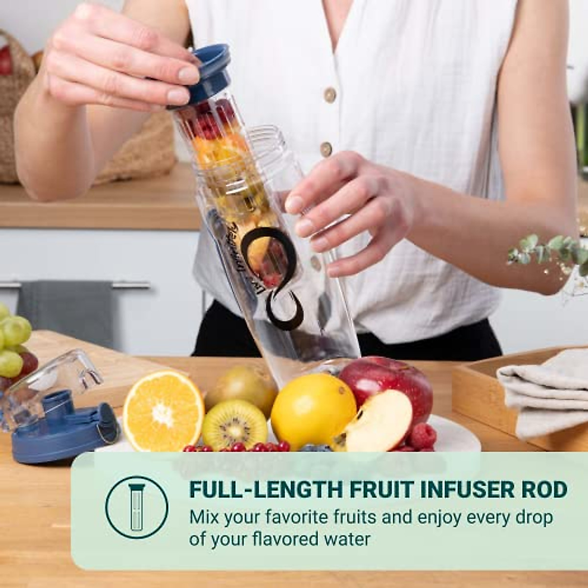 Live Infinitely 32 oz Fruit Infuser Water Bottle - Featuring a Full Length Infusion Rod, Flip Top Lid, Dual Hand Grips & Recipe Ebook Gift - Fruit Infused Water Bottles (Bright Teal, 32 oz)