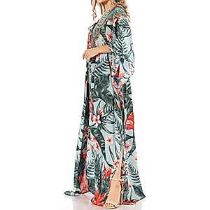 Sakkas AH62 - Milanna Women's V Neck Short Sleeve Vibrant Print Caftan Dress Cover-up - Print-1 - OS