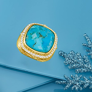 Ross-Simons Turquoise and .70 ct. t.w. White Zircon in 18kt Gold Over Sterling. Size 8