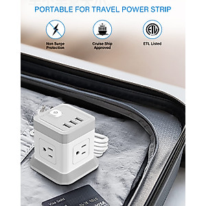 Power Strip with 4 Outlets 3 USB Ports, BEVA Cube Extension Cord Flat Plug Small Desktop Charging Station with 5ft Power Cable Multi Protection for Travel, Cruise Ship, Office, Dorm Room Grey