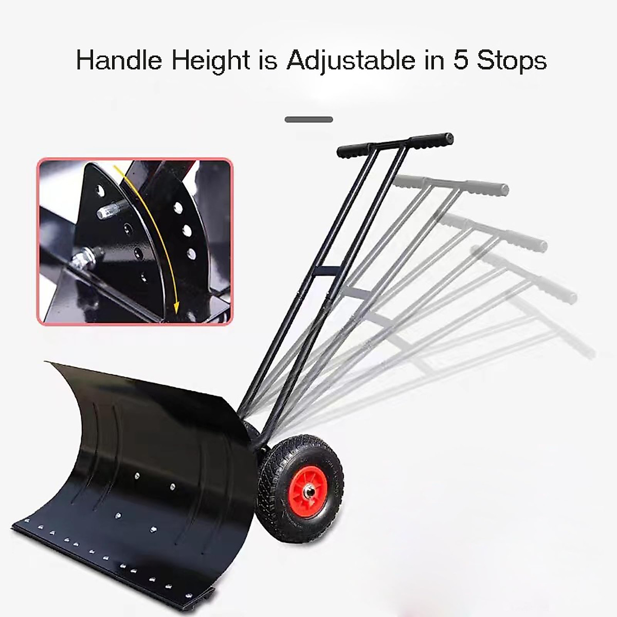 Snow Pusher, Snow Shovel with Wheels, 29" Wide Snow Plow Shovel Wheeled, Double Push Rod Design, Angle and Height Adjustable, Snow Shovel for Driveway Garden Pavement